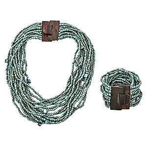 Shop LC Handmade Green Seed Bead Boho Costume Jewelry Set for Women Stretchable Beaded Bracelet Statement Necklace Multi Strand Layered Wooden Buckle Clasp Size 18" & 6.5" to 7.5" Birthday Gifts