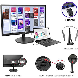 TECNII 20 Inch Widescreen LED Backlit LCD Desktop PC Monitor HD+ Resolution - 3ms Response Time - HDMI - VGA - for Home, Office - Black, TM200