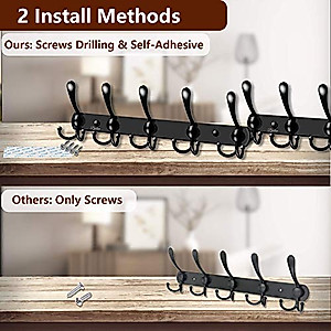 Bjiotun Coat Rack Wall Mounted 2 Pack Wall Hooks Stainless Steel Wall Hanger with 5 Tri Hooks for Hanging Coats Hats Towels Keys (Black)