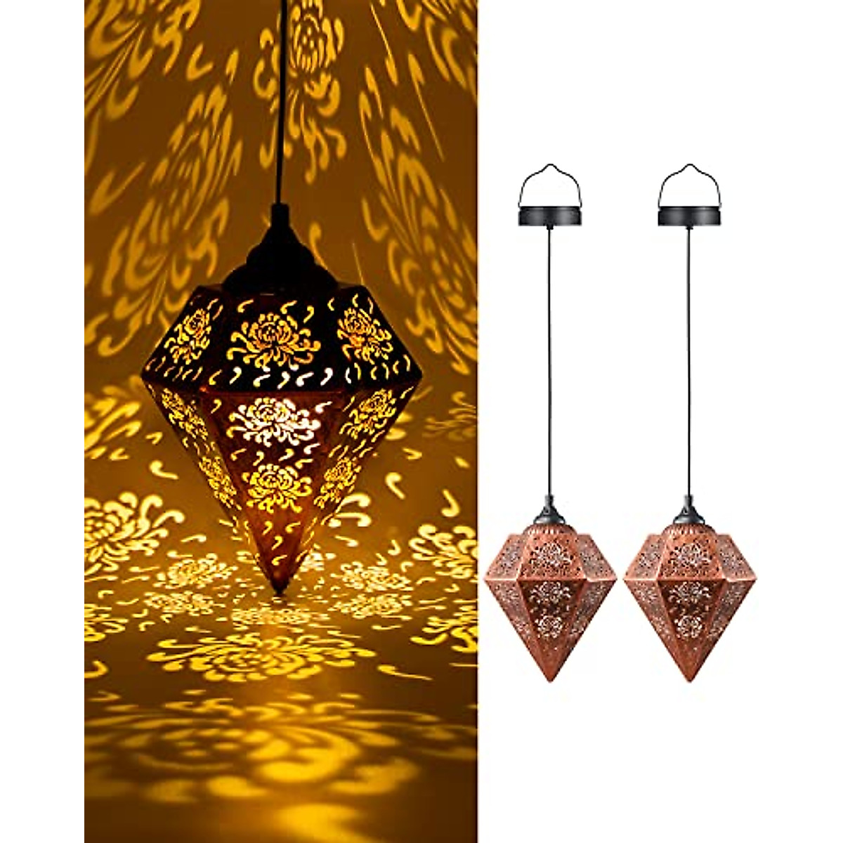 Solar Lanterns Outdoor Waterproof Hanging - OxyLED 2Pack Patio Garden Lantern Lights with Powered Retro Decorative Morrocan Flower Pattern Metal for Tabletop Decor Outside Tree Pool Porch Balcony Yard