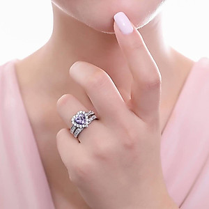 BERRICLE Sterling Silver Halo Wedding Engagement Rings Purple Cubic Zirconia CZ Statement Heart Ring Set for Women, Rhodium Plated Size 9