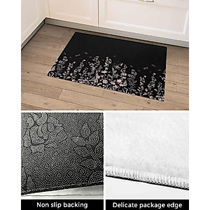 Black Flower Plush Rug Non Slip Bath Mat, Soft Shaggy Long Fur Fuzzy Bath Rugs 16" x 24" Vintage Floral Aesthetic Leaves Dragonfly Carpet Mat for Bathroom Shower Home