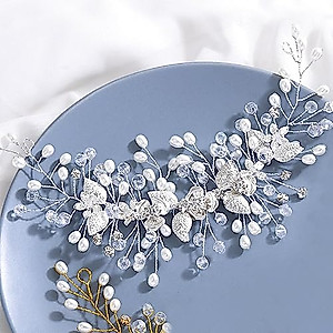 Easedaily Bride Wedding Hair Vine Silver Flower Leaf Bridal Headpieces Pearl Hair Accessories for Women and Brides