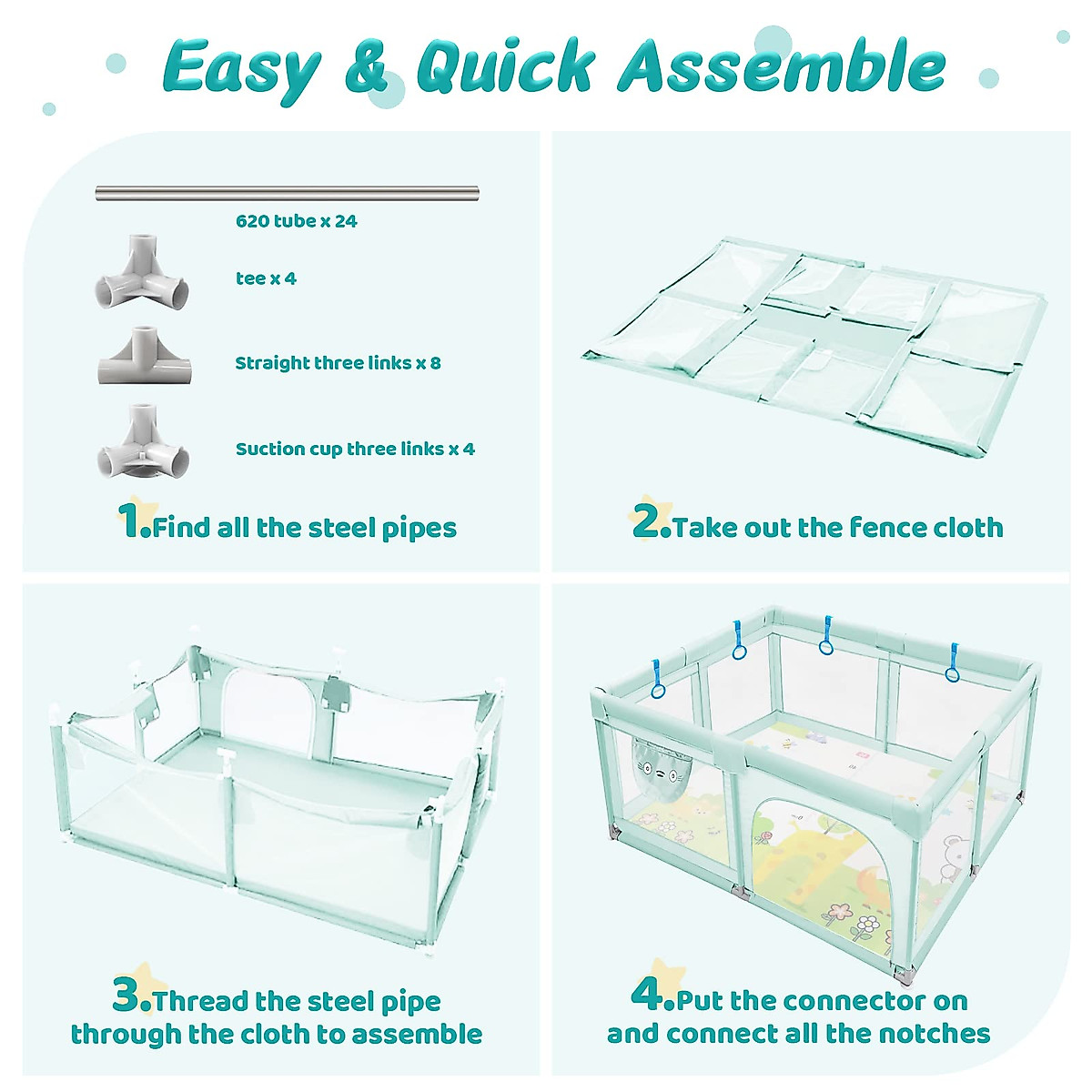 Baby Playpen, Playpen for Babies and Toddlers, Indoor & Outdoor Playard Kids Activity Center with Mat, Anti-Slip Base, Sturdy Safety Baby Playpen with Gate 50''x 50''x 27'' (Nordic Blue)