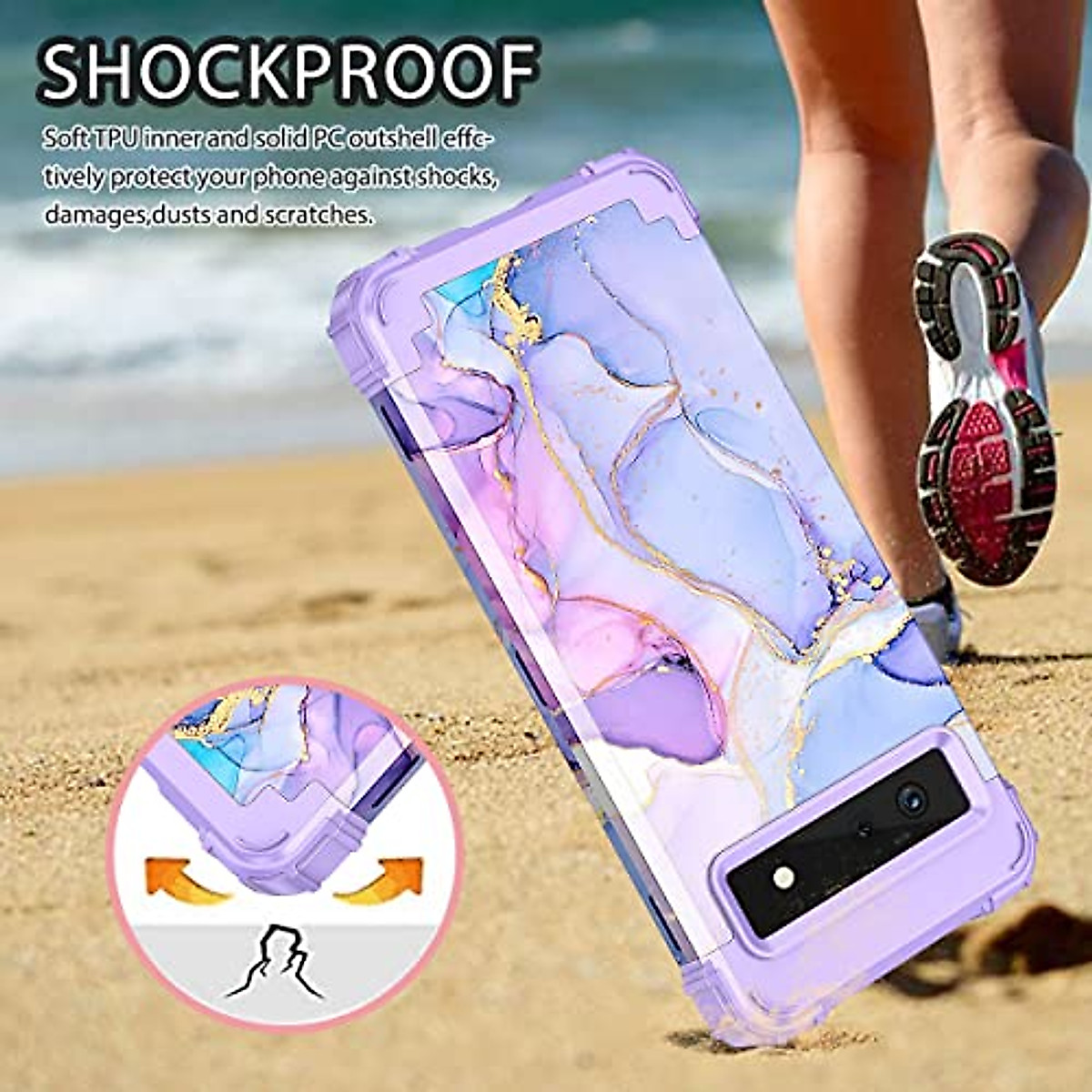 Hekodonk for Google Pixel 6 Case,Heavy Duty Shockproof Protection Hard Plastic+Silicone Rubber Hybrid 3 in 1 Drop Protective Case for Google Pixel 6 Purple Marble