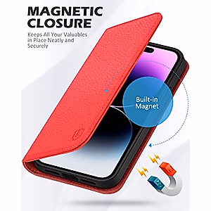 SHIELDON Wallet Case for iPhone 14 Pro 2022, Genuine Leather Folio Case Magnetic Closure RFID Blocking Card Slots Kickstand Full Protection Case Compatible with iPhone 14 Pro 6.1" - Litchi Grain Red