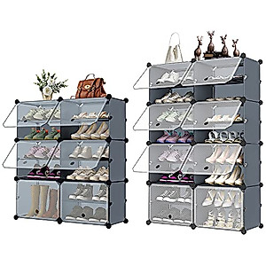 UNZIPE Shoe Rack Cabinet for Entryway, 56 Pairs Plastic Free Standing Shoe Organizer Shelves Cube Storage Organizer DIY for Entryway Hallway Closet or Bedroom, Dark Grey