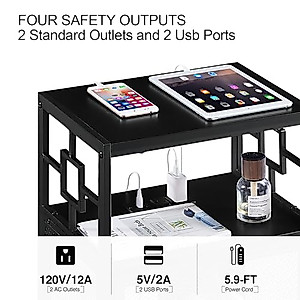 MNEETRUNG End Table with Charging Station, Side Table with USB Ports and Outlets, Bedside Tables with Door, 3-Tier Nightstand for Small Space, Living Room, Bedroom, Black