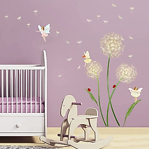 wondever Fairy Dandelion Wall Stickers Elf Fairy Peel and Stick Wall Art Decals for Baby Nursery Girls Bedroom Playroom