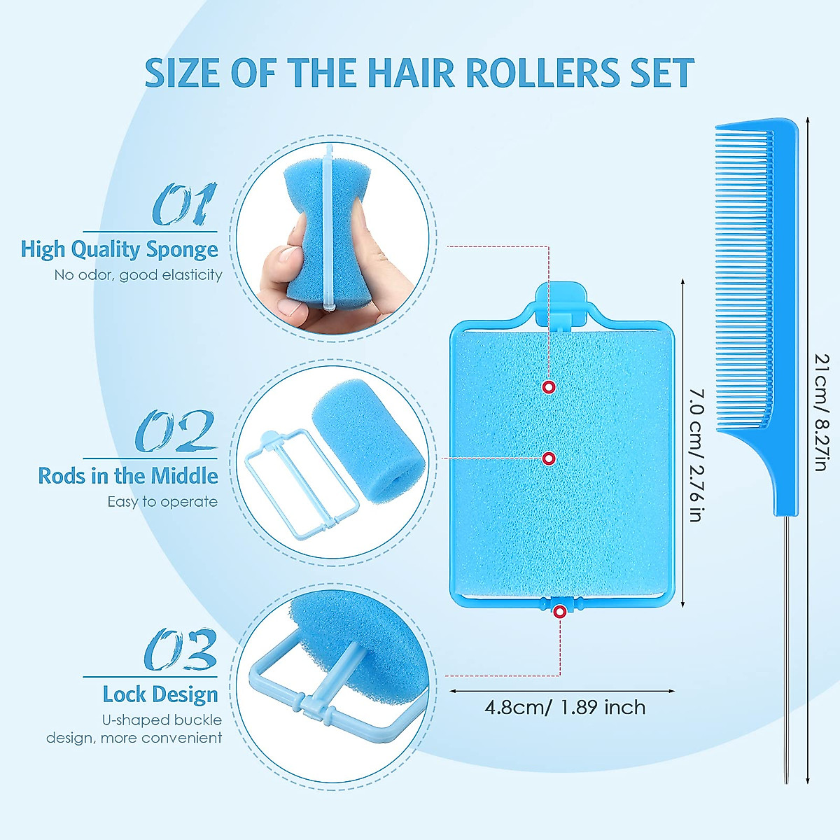 Syhood 12 Pcs Jumbo Foam Sponge Hair Rollers 1.89 Inch Soft Sleeping Curlers Flexible Large Foam Rollers and Rat Tail Comb for Hair Styling(Blue)