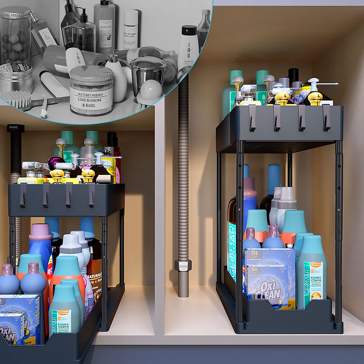 Under Sink Organizers and Storage - Adjustable Height Sliding 2-Tier Pull Out Drawer Rack Multi-Purpose Under Sink Shelf Organizer for Kitchen Bathroom Under Counter Cabinet Storage (Black-2pcs)