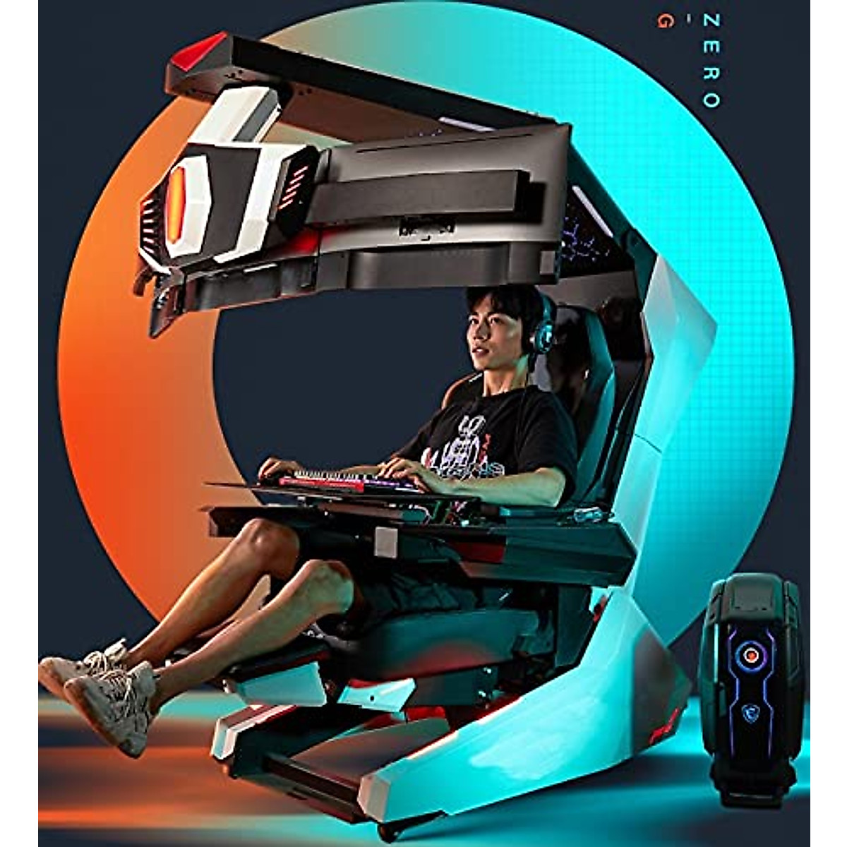 Imperatorworks R1 Pro White Computer Workstation with Massage PU Racing Gaming Chair and Speakers and Support 3 Monitors Zero Gravity Cockpit