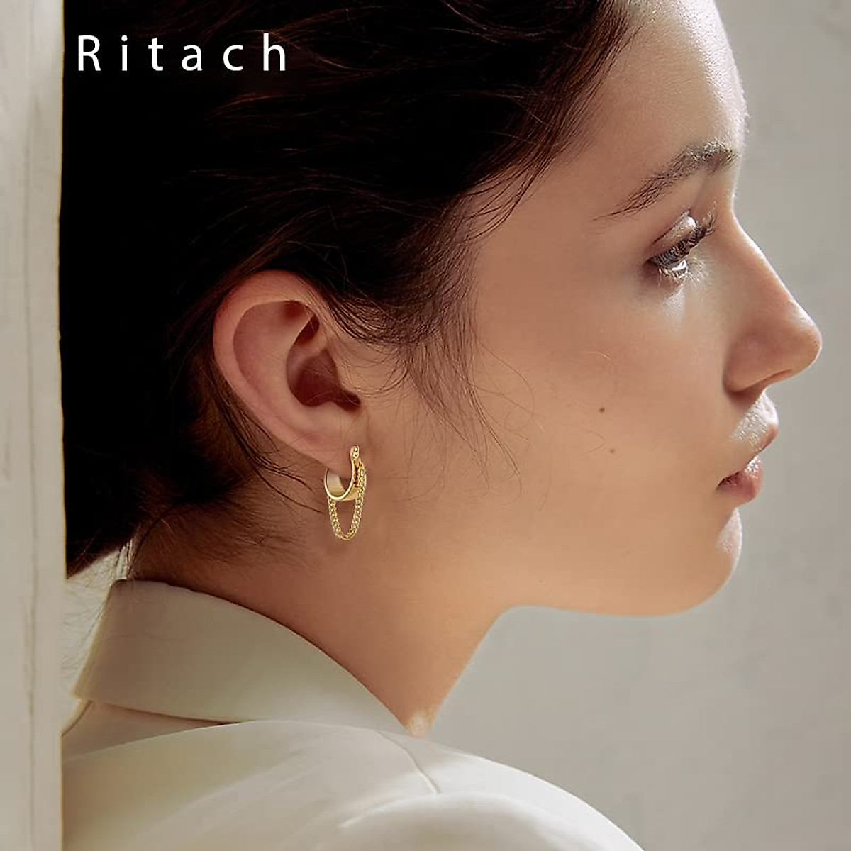 Ritach 925 Sterling Silver Small Huggie Hoop Earrings for Women Trendy 14K Gold Plated Chain Hoop Flower Dangle Drop Earrings
