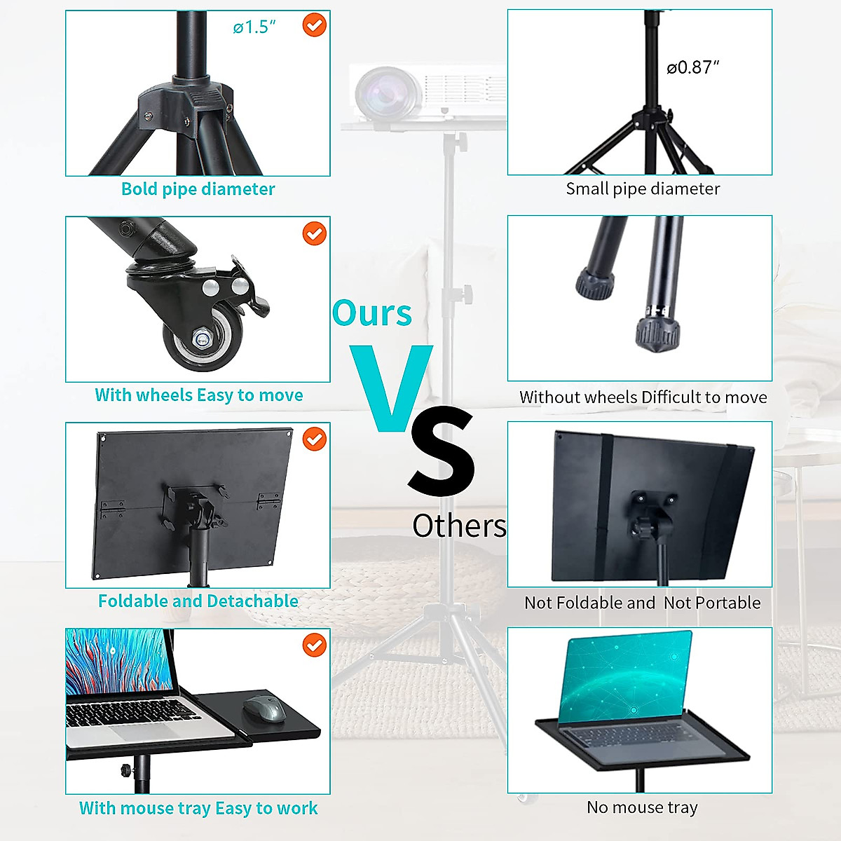 Projector Stand, Sturdy Durable Metal Laptop Tripod Stand with Wheels, Folding Floor Tripod Stand with Tray, Adjustable Height Portable DJ Equipment Stand for Indoors and Outdoors (43 Inch - 73 Inch)