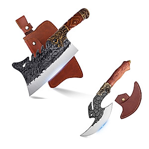 ROCOCO Heavy Duty Meat Cleaver Bundle with Butcher Knife for Meat Cutting Outdoor BBQ Camping Hunting Viking Gift Men
