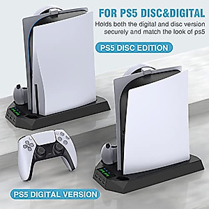 CYKOARMOR PS5 Stand with Cooling Station and Dual Controller Charging Station for PS5 Digital Edition, PS5 Disc Version, PS5 Cooling Fan with Headset Holder and 3 Adjustable Fan Speeds Black