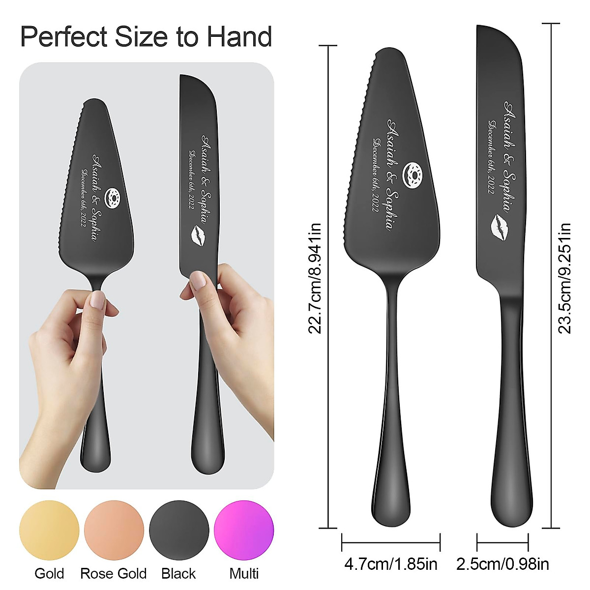 Atdesk Personalized Cake Cutting Set for Wedding, Stainless Steel Cake Knife and Server Set, Cake Cutter and Pie Server for Wedding, Birthday, Anniversary, Graduation Gift (Black)