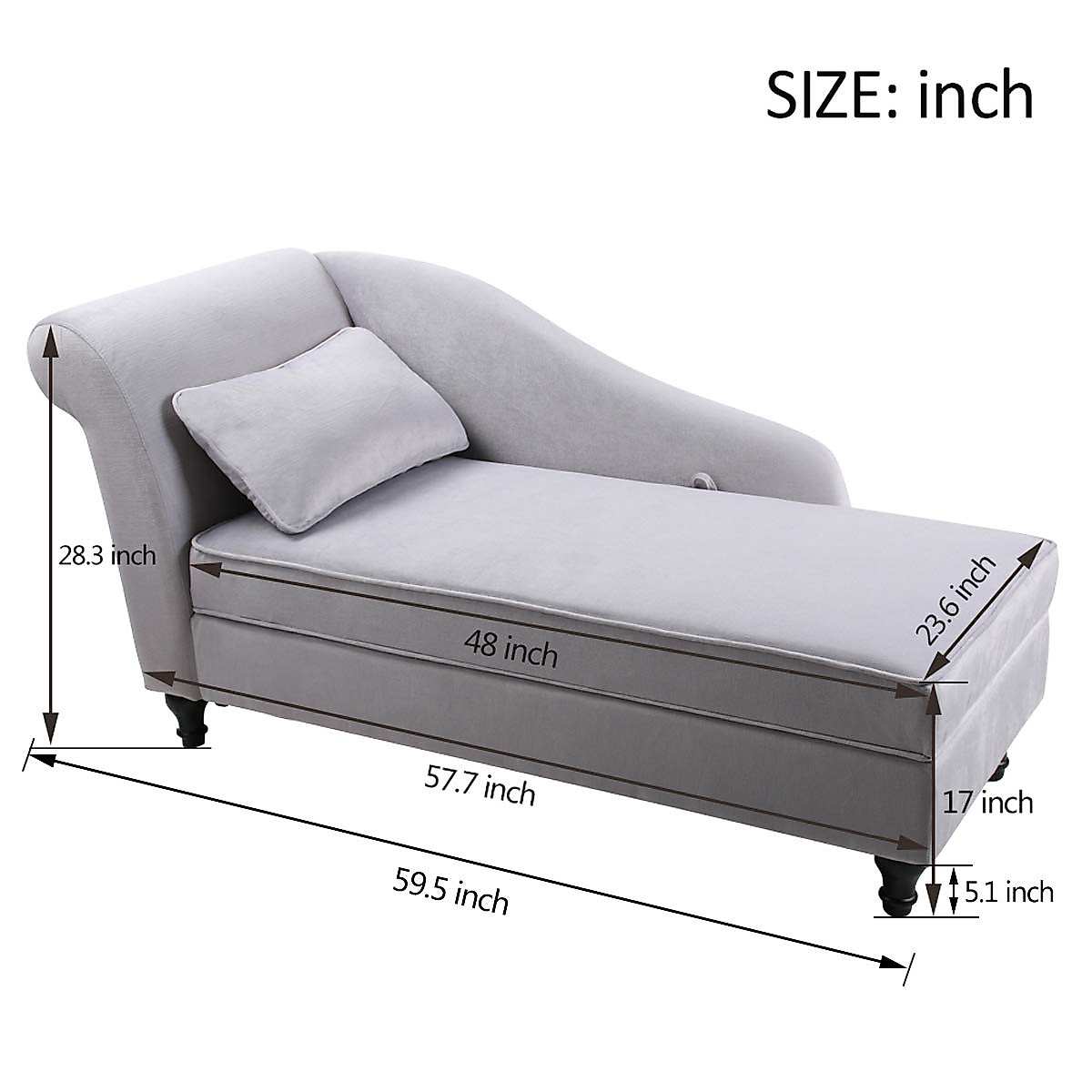 Yongqiang Storage Chaise Lounge Indoor Upholstered Sofa Recliner Lounge Chair for Living Room Bedroom Gray Velvet (Left Armrest)