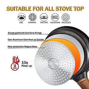 Feipone Non Stick Frying Pan with Lid, Skillet for Omelette Cooking, Granite Cast Aluminum Chef Pan with Induction Bottom
