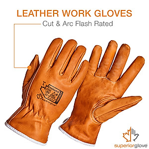Superior Glove Goat Grain Leather Work Arc Flash Gloves with ParaActiv Cut Resistant Protection - Endura Safety Gloves Water Resistant 378GOBKL (1 Pair) Size Large