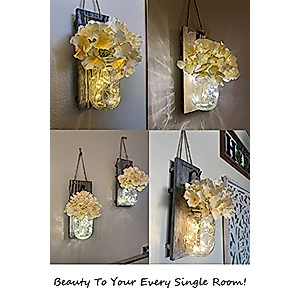 Emuardoe Mason Jar Wall Decor Rustic Wall Sconces Decorative 2 Packs LED Fairy Lights and Flowers Farmhouse Home Decor 6 Hours (Three meters, Khaki planks)