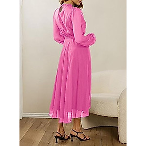 Dokotoo Womens Fall Cocktail Dresses for Women 2023 Long Puff Sleeve Tie Waist Mock Neck High Waist A-Line Casual Birthday Evening Party Formal Midi Dress Pink X-Large