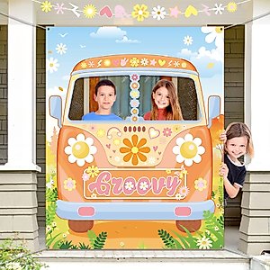Hippie Bus Photo Prop, Groovy Birthday Party Decorations Large Fabric Hippie Bus Photo Door Banner Background Funny Selfie Frame Backdrop for 60's 70's Party Favors, 59 x 47.2 Inch (Cute Style)