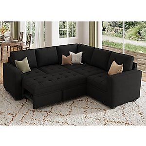 HONBAY Modular Sectional Sleeper Sofa with Pull Out Bed, Velvet Convertible L Shaped Sectional Couch with Storage Seat, Sectional Couches for Living Room, Balck