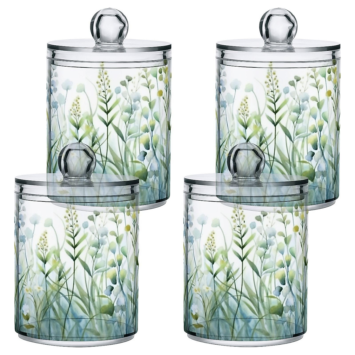 YETTASBIN Green Leaves Clear Plastic Apothecary Jars 4 Pack, 14 oz Qtip Holder Dispenser with Lid, Clear Bathroom Storage Canister for Cotton Ball, Cotton Swab, g337490891p746c790s1725