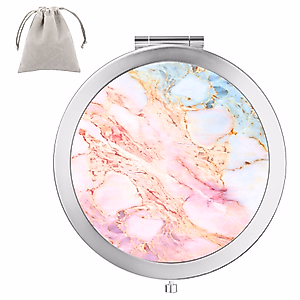 Dynippy Compact Mirror Round Makeup Mirror Folding Mini Pocket Mirror Portable Hand Mirror Double-Sided with 2 x 1x Magnification for Woman Mother Great Gift (Pink Marble)