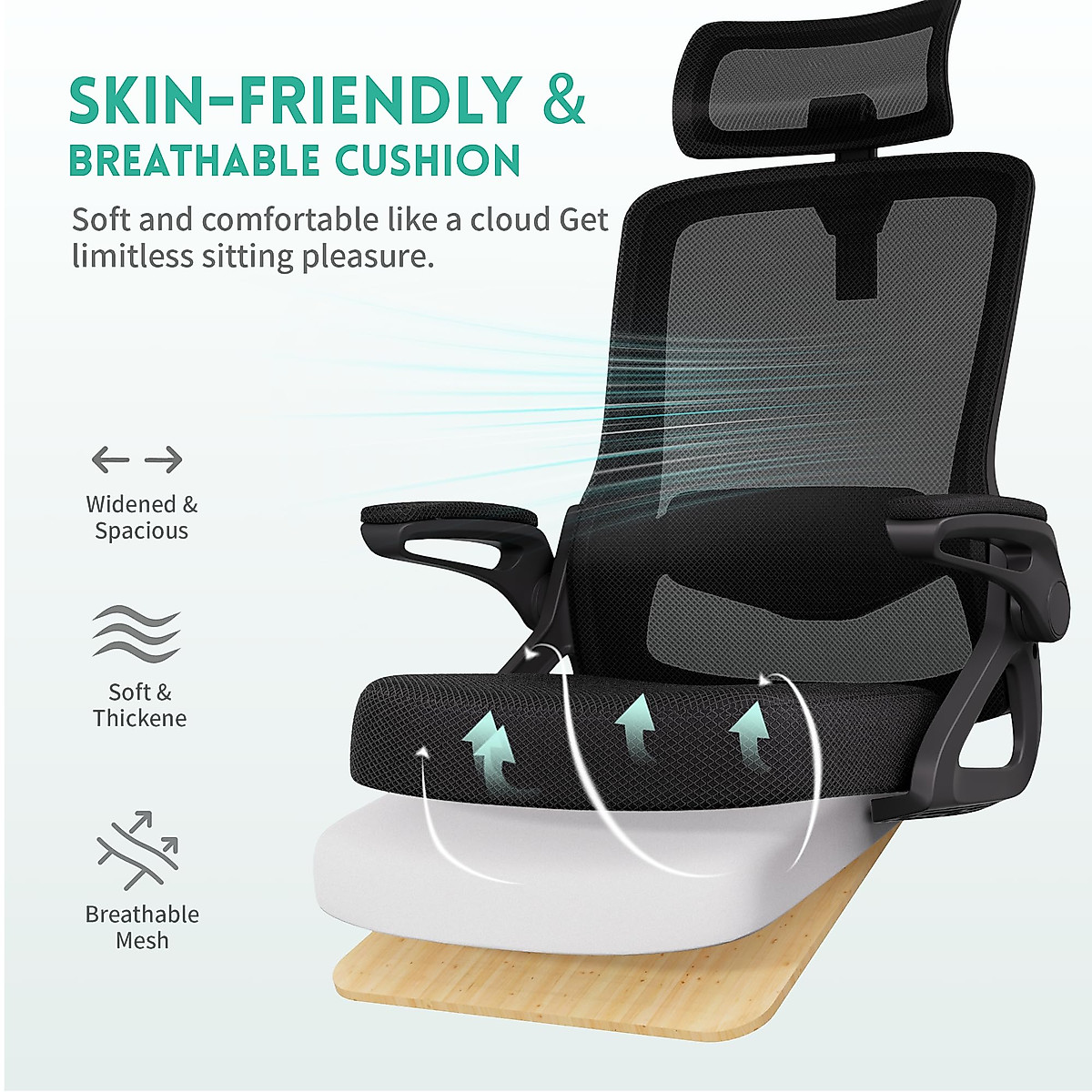 Office Chair, S-Shaped Ergonomic Mesh Desk Chair, Adjustable Headrest & Height, Widened Cushion, 90° Flip-UpArmrest, Assembly &Storage, Home/Office/Bedroom Computer Chair with 360° Casters