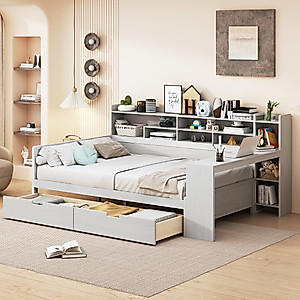 HoRunzelin Full Size Daybed with Storage Shelves, 2 Drawers and Desk, Pine Wood Captains Bed with Bookcase for Kids Boys Girls Teens, Antique White
