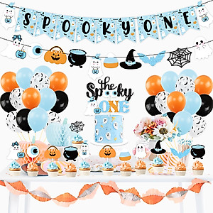 Blue Halloween First Birthday Decor, Boys Halloween Spooky One Banner Blue Cute Ghost Cake Topper Balloons for Halloween Theme 1st Birthday Party The Spooky One Little Boo Happy Boo Day Party Supplies