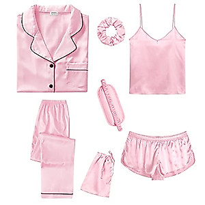SWOMOG Womens Silk Satin Pajamas Sets 7pcs Sleepwear Sexy Cami Shorts Set and Button Down Short Sleeve Pj Loungewear Pink