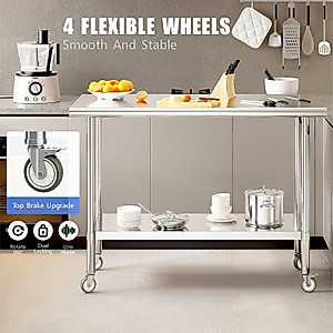 Food Prep Stainless Steel Table, Commercial Workbench with Caster Wheel, Heavy Duty Food Prep Worktable for Restaurant, Home and Hotel, Sliver (24" x 48" x 35")