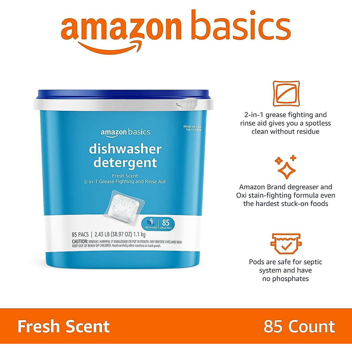 Amazon Basics Dishwasher Detergent Pacs, Fresh Scent, 85 Count (Previously Solimo)