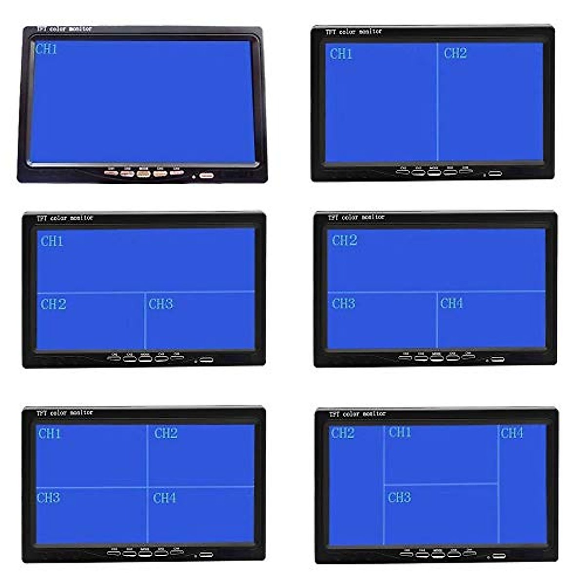 Hikity 7 inch Vehicle Backup Camera Monitor only, Quad Split HD LCD Display Screen, Car Monitor for SUV Van RV Truck, V1/V2/V3/V4 Video Input, 9V/36V + Headrest Mounting Bracket & Dash Stand