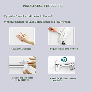 Altomoey Adhesive Wall Hooks Rack Kitchen Rail, 8 hooks 23.43Inch Space Saving Utensil Holder,No Drilling Wall Mounted Accessory Hanger for Kitchen Bathroom