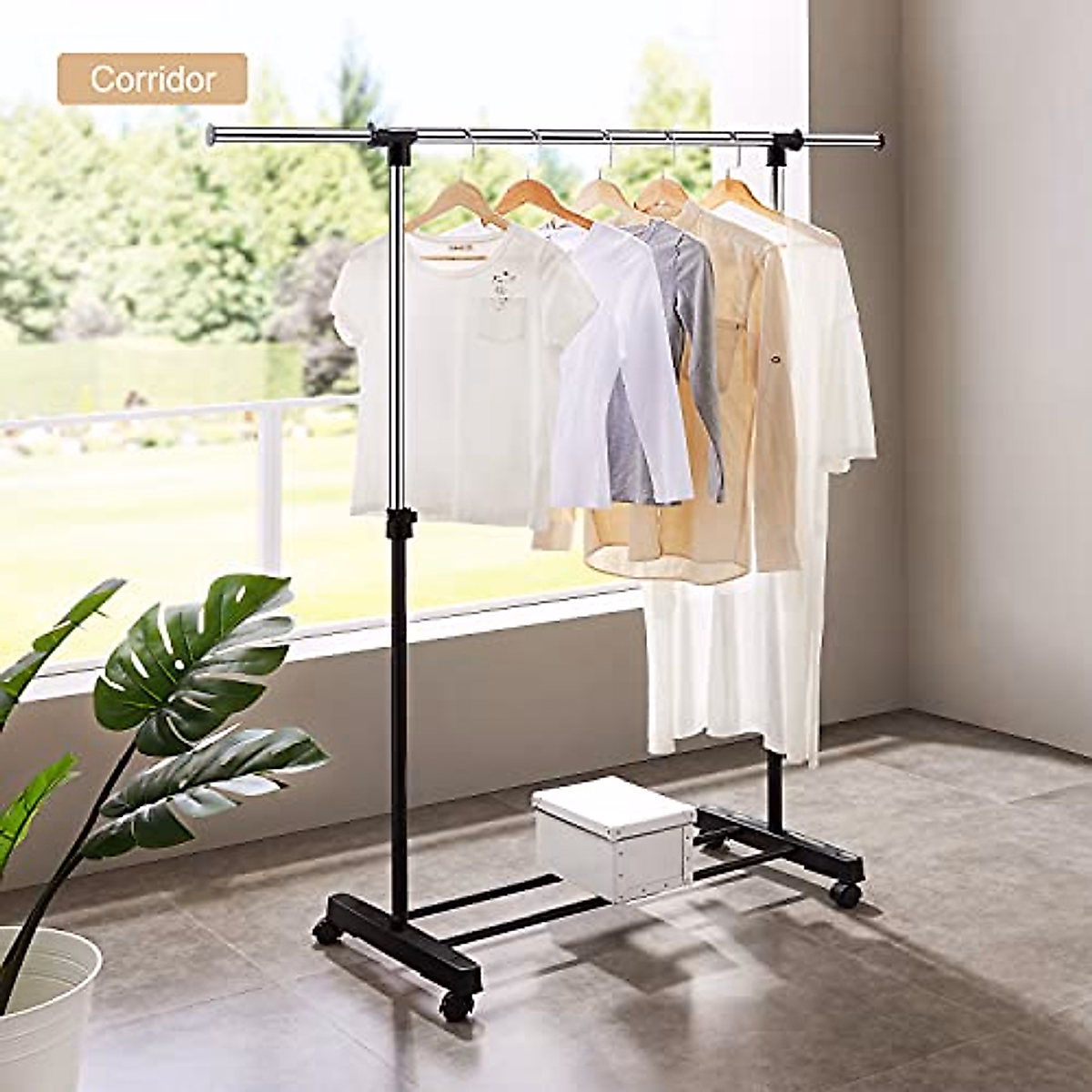 JZM Adjustable Clothes Garment Rack, Rolling Clothes Organizer on Wheels for Hanging Clothes with Bottom Shelves, Rolling Clothes Rack Portable Collapsible Commercial Garment for Entryway, Bedroom