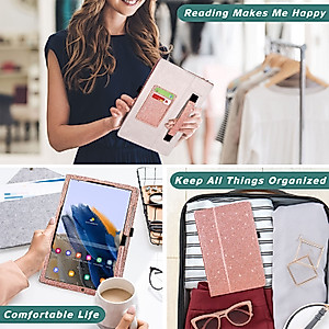 DMLuna Case for Samsung Galaxy Tab A8 10.5 Inch 2022 SM-X200/X205/X207, Slim PU Leather Smart Protective Cover Folio, with Folding Stand, Auto Wake/Sleep, Hand Strap, Card Slots, Glitter Rose