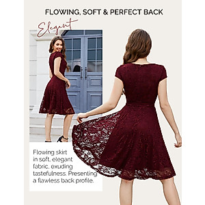 MUADRESS Women Cap-Sleeve Lace Floral Elegant Cocktail Dress Crew Neck Knee Length Bridesmaid Prom Dresses for Party Burgundy XL