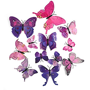 Ruwado 12 Pcs Purple Butterflies Double Wings Refrigerator Magnets Wall Decal Removable Sticker Decoration for Home Kitchen Kids Room Bedroom Office Theme Parties Classroom Window Décor (Purple)