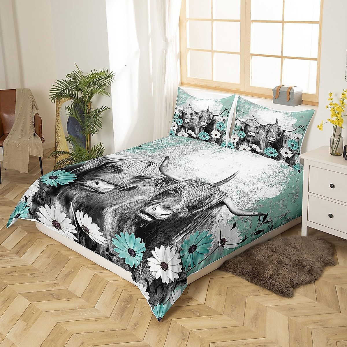 Highland Cow Print Duvet Cover Cowgirl Gifts for Women Girls, Western Farmhouse Bedding Set Queen Cattle Farm Animal Comforter Cover, Rustic Flowers Daisy Quilt Cover, Teal Graffiti Room Decor