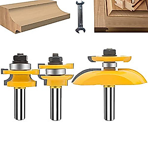 OLETBE Router Bit Set 1/2 Inch Shank 3 PCS Round Over Raised Panel Cabinet Door Ogee Rail and Stile Router Bits, Woodworking Wood Cutter, Wood Carbide Milling Tool(Gold)