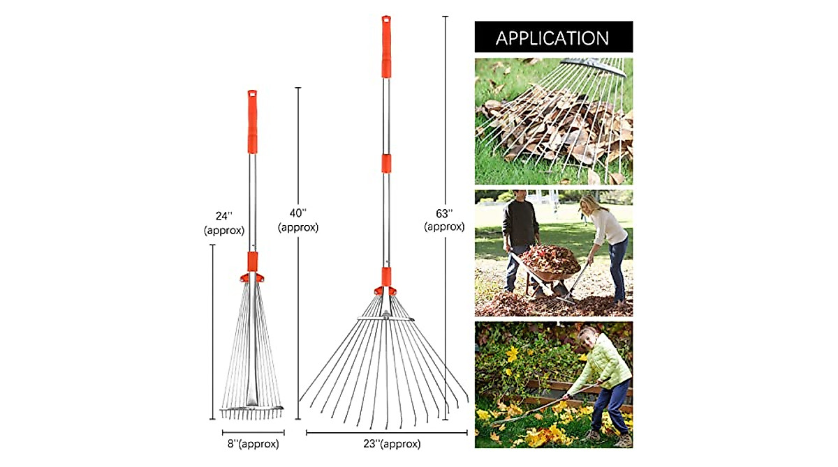 Buyplus Adjustable Garden Leaf Rake - 24 to 63 Inch Telescopic Metal ...
