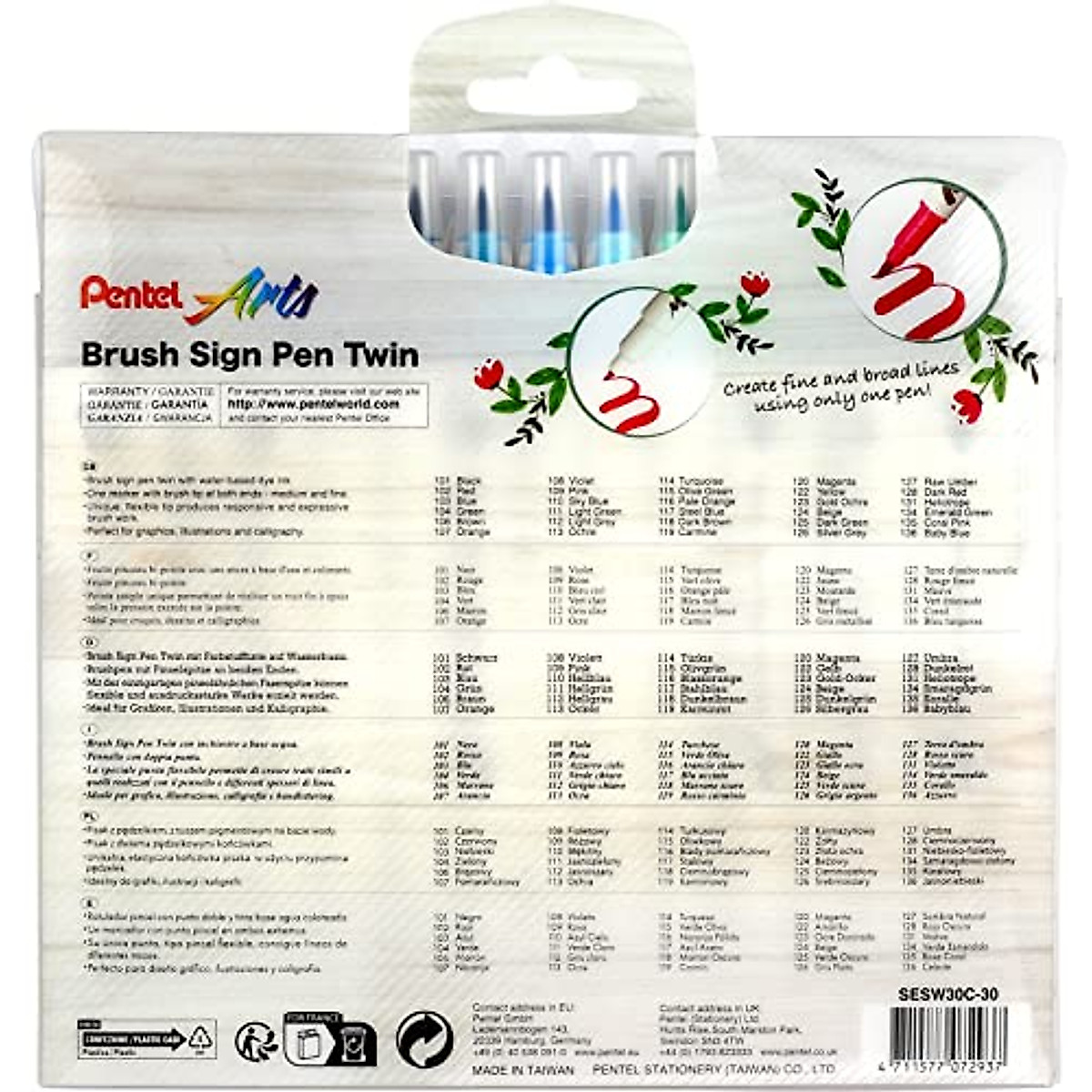 Pentel Brush Sign Pen Dual 30 Colors Set Fibre-Tip Pens with Two Flexible Writing Tips, Water-Based Ink, Assorted, (30 Pack)