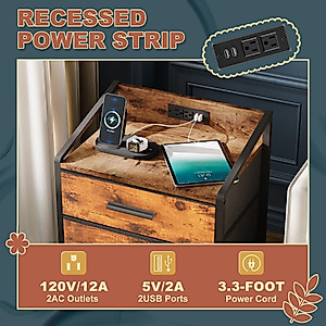 EKNKOZY Nightstand 3 Drawer Dresser with Charging Station, 11" D x 15.6" W x 21" H, Set of 2 Side Table with Fabric Drawers, Small Dresser for Kids Closet Bedroom (Rustic Brown, Set of 2 with Charger)