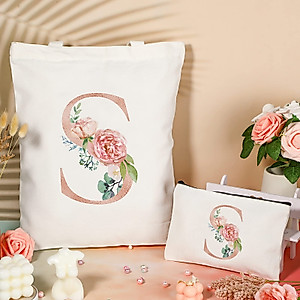 Sanwuta 2 Pcs Initial Canvas Tote Bags Floral Letter Travel Cosmetic Bags Personalized Beach Bags Monogrammed Bags Portable Makeup Zipper Pouch for Woman Girl Lady Birthday Wedding(Letter S)