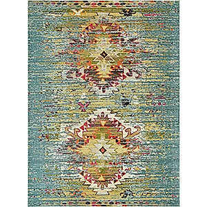 Unique Loom Vita Collection Over-Dyed Southwestern Tribal Vintage Area Rug, Rectangular 9' 0" x 12' 0", Turquoise/Yellow