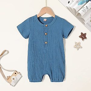 Happy Town Infant Baby Girl Boy Jumpsuit Cotton Linen Romper Short Sleeve One-Piece Bodysuit Infant Summer Clothes Outfits (Blue, 6-12 Months)